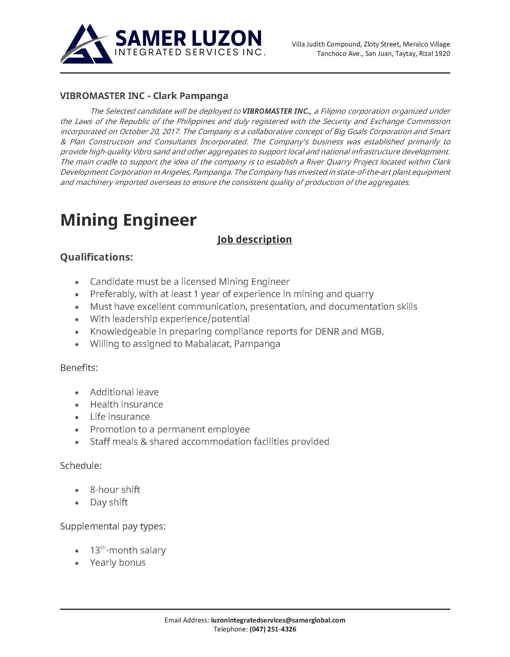 VIBROMASTER INC. – One (1) Mining Engineer – UP Alumni Website