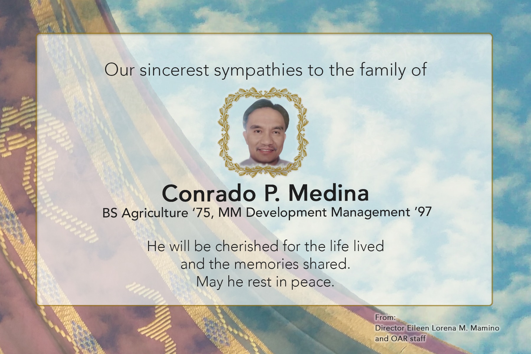 Mr. Conrado P. Medina (BS Agriculture; MM in Development Management 1997) – UP Alumni Website